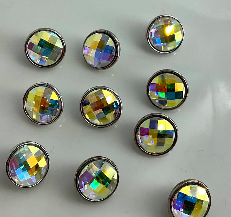 Set 10 Iridescent Aurora Glass Faceted Jewel Buttons Mounted in Metal ...