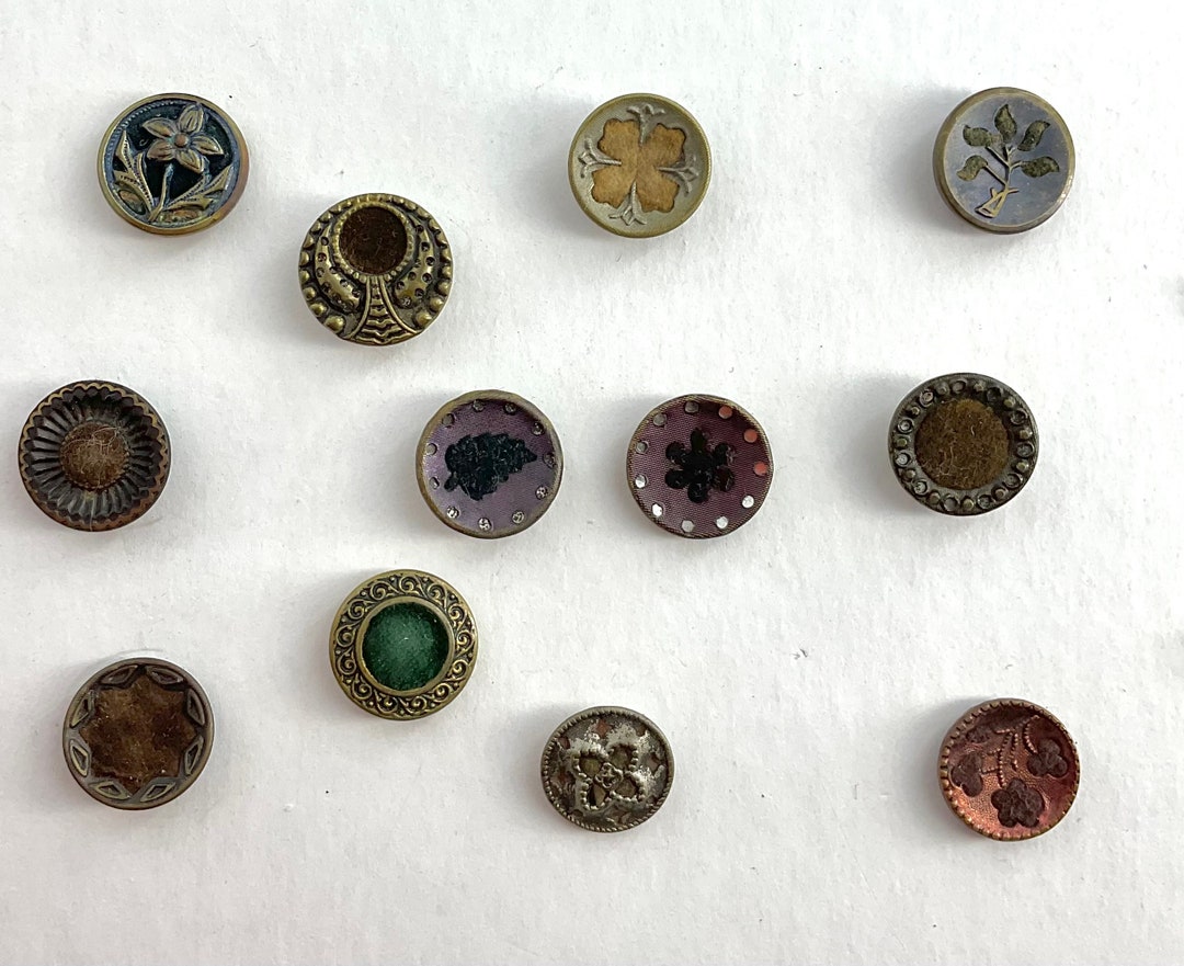Lot 12 Antique Small Perfume Buttons Metal Velvet Fabric Victorian ...