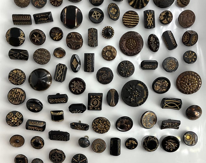 Lot 75 Antique Black Glass Gold Luster Outline Antique Buttons Old ...