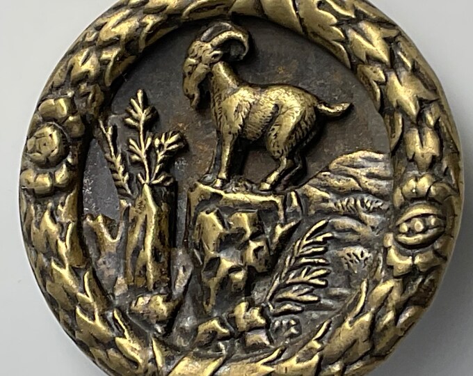 Large Metal Goat on a Rocky Crag Fable Antique Victorian Picture Button ...