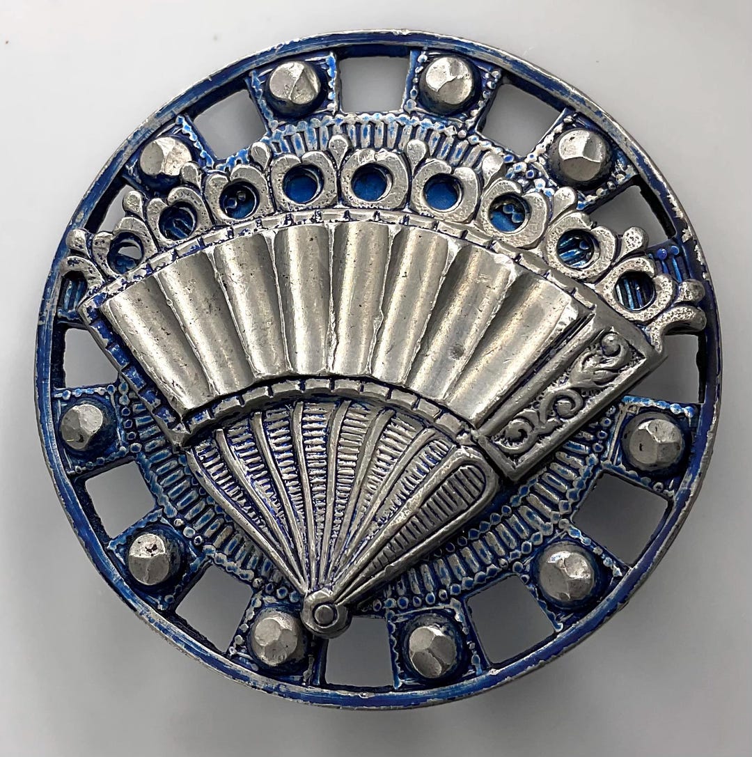Large Antique Fan Object Pierced Border Metal Picture Button Blue ...