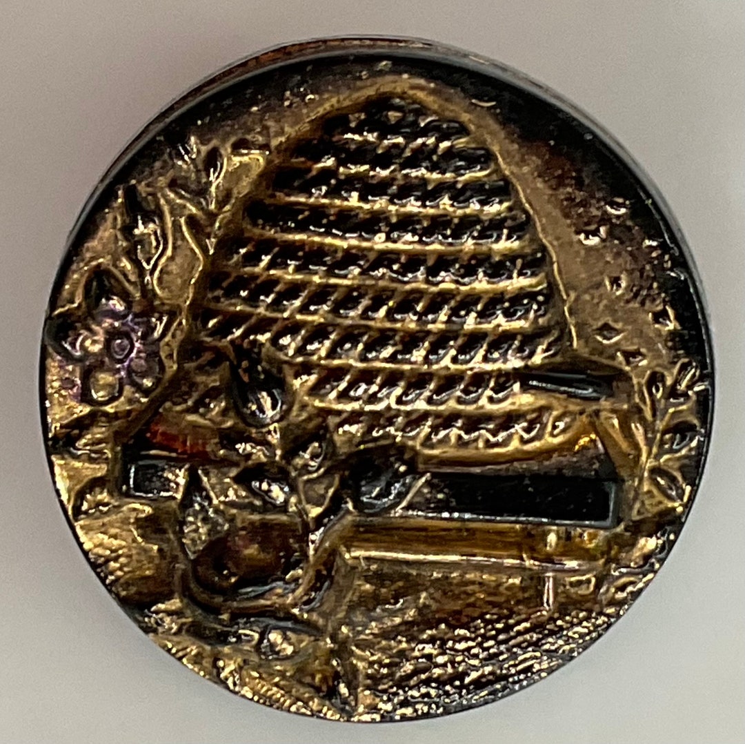 Small Antique Beehive Bees Picture Button Victorian Lustered Black ...