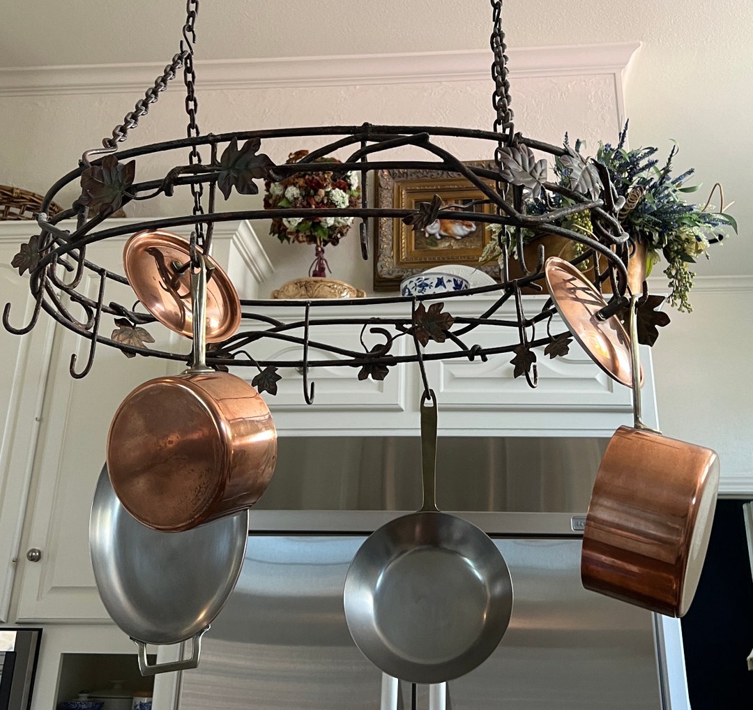 Hanging Pot Rack W/ or W/o 4 Copper, Brass & Stainless Pots With 3 Lids ...