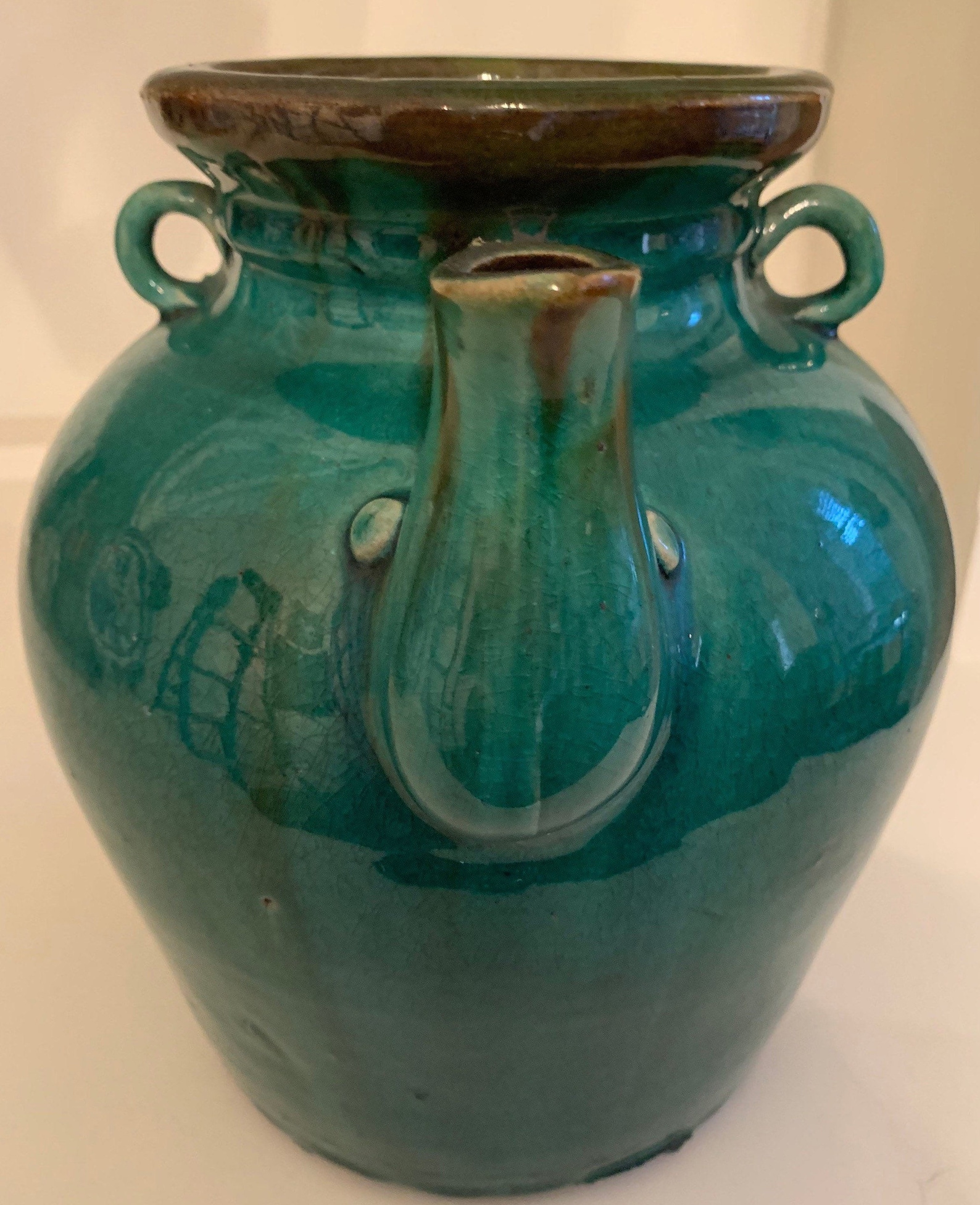 Green Pottery Pitcher Vase / Jug With Spout & Handles Emerald Green ...