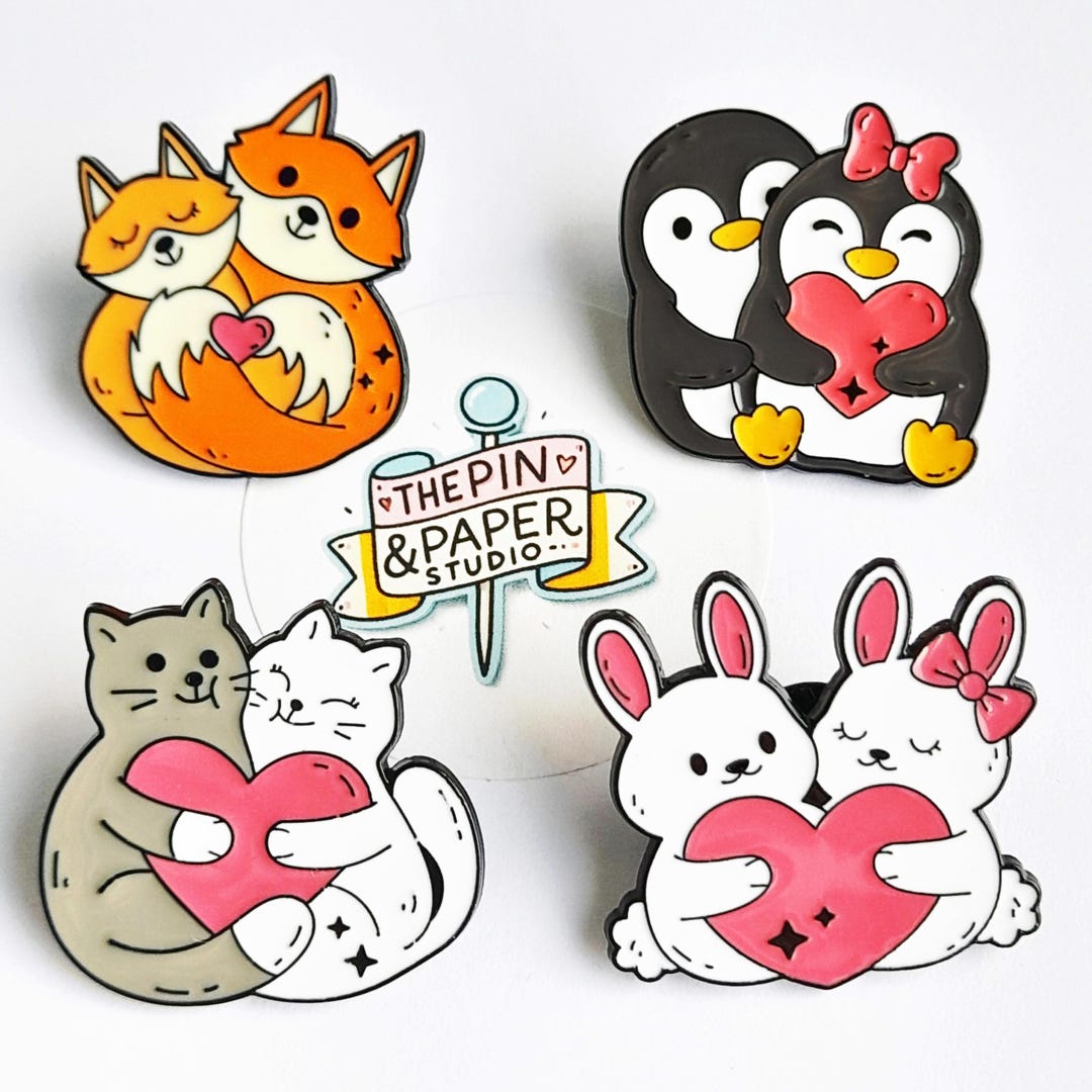 Adorable Hugging Animal Enamel Pins Foxes, Penguins, Bunnies, and Cats ...