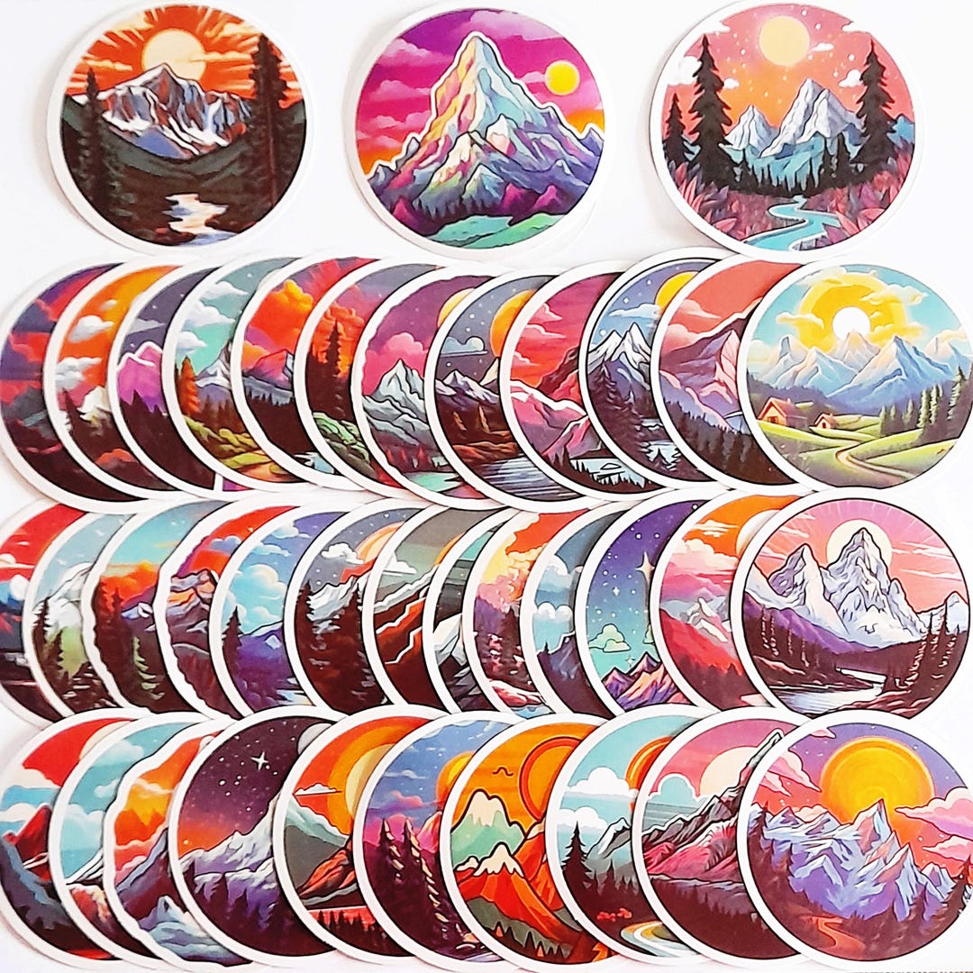Colorful Mountain Sticker Set – 50 Round Shaped Stickers for Nature ...