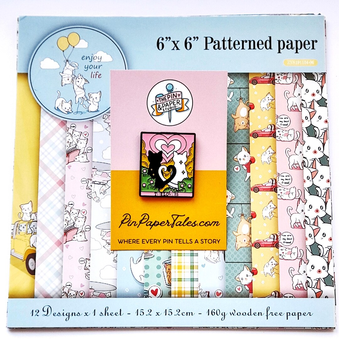 Cute Cat Scrapbook Paper & Enamel Pin Set – Kawaii Kitty Patterned ...
