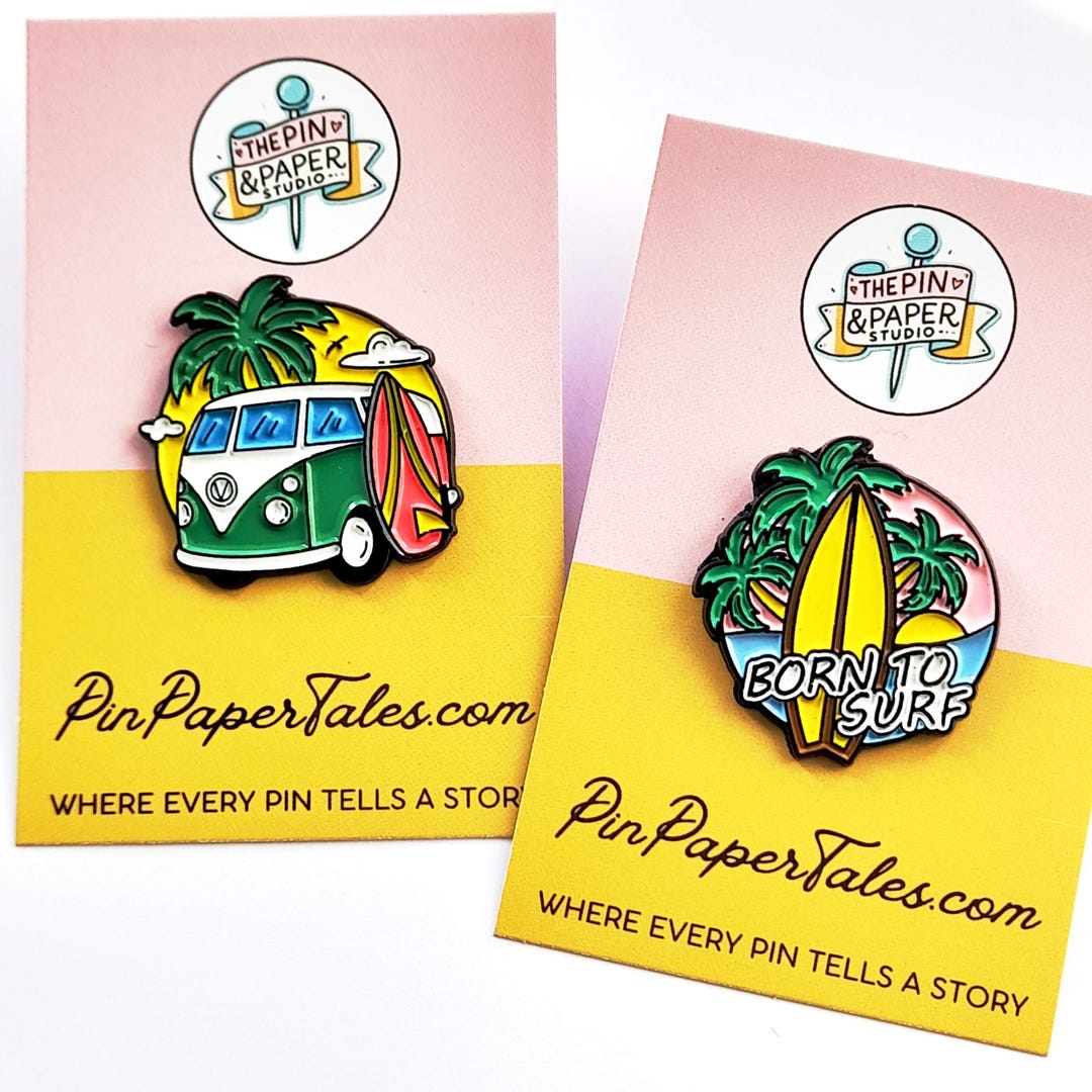 Surf and Sun Adventure Surf Van & Born to Surf Enamel Pins Beach Lover ...