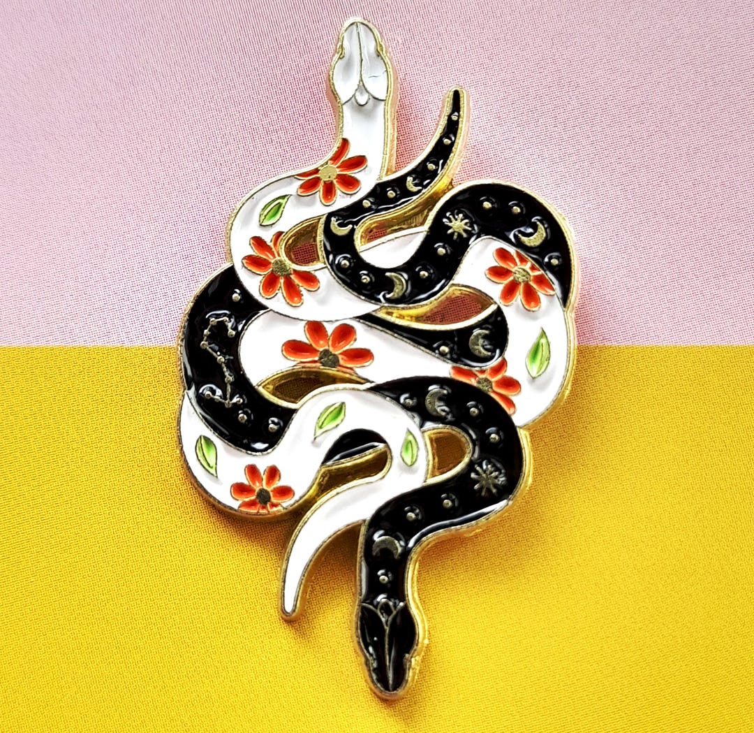 Floral Snakes Enamel Pin – Black & White Serpent Pin With Flowers ...