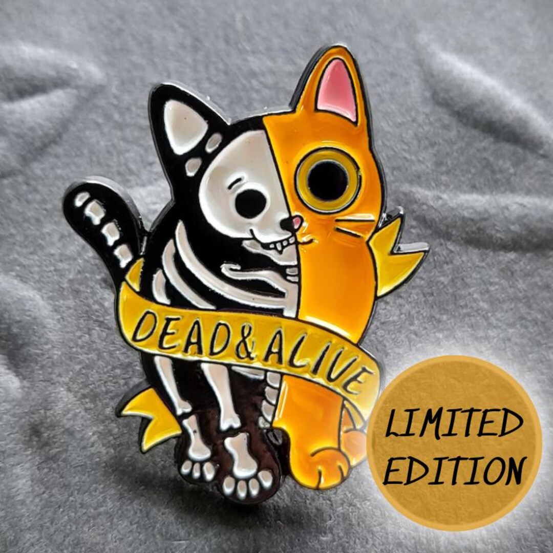 Dead & Alive Cat Enamel Pin – Funny Skeleton Cat Pin for Jackets or ...
