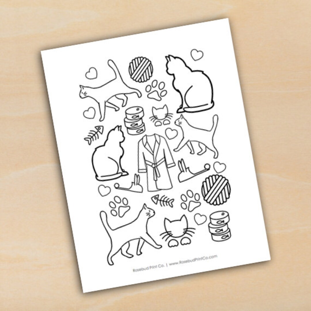 Crazy Cat Lady Humor Coloring Page Cats Kittens Paw Prints Yarn Robe ...