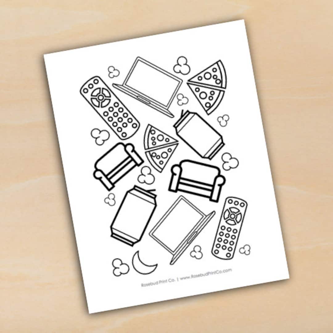 Binge Watcher Humor Coloring Page Netflix MacBook Remote Pizza Popcorn ...