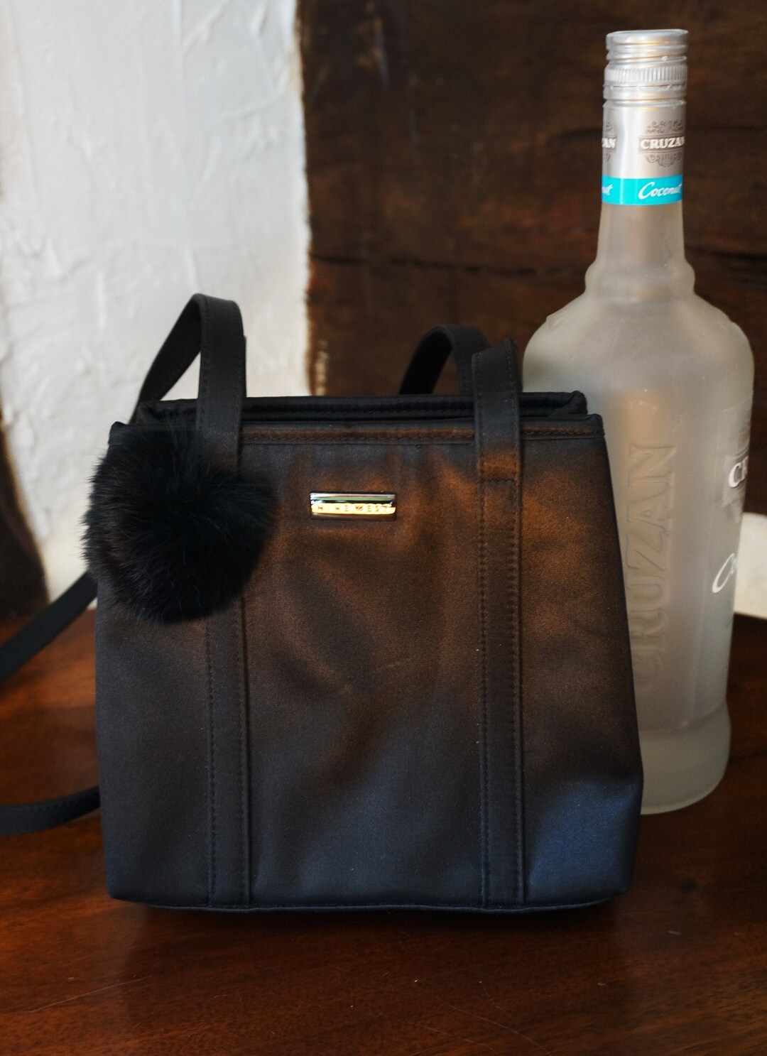 Vintage 90's Black Satin Shoulder Bag Purse With Fur Pompom by Nine ...