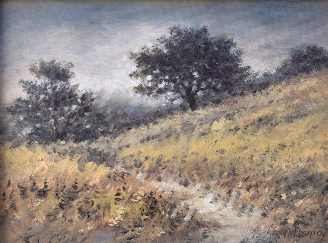 Tonalist Art, Sunset, Moody Landscape, Dry Grass, Oak Trees, Original ...