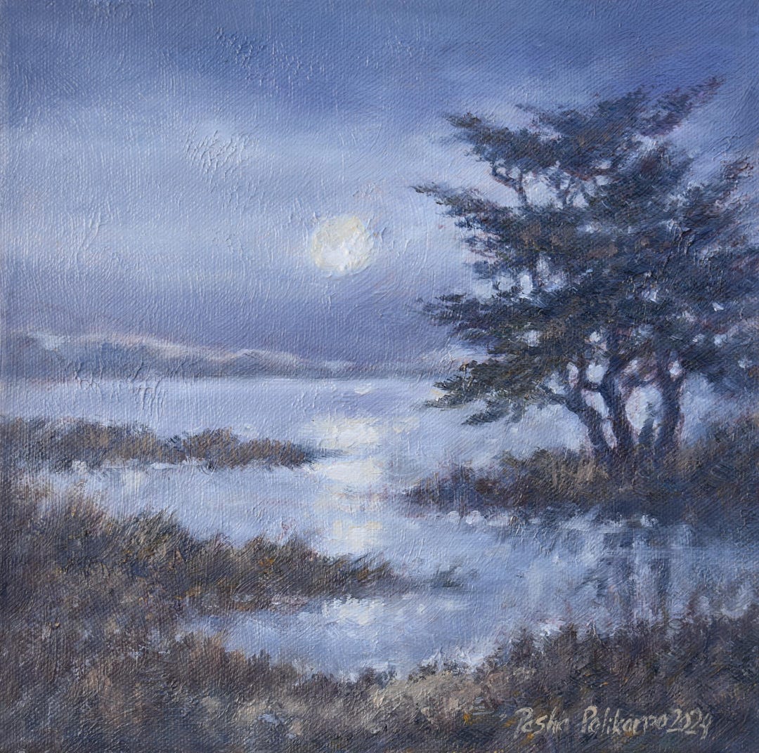 Moon Reflection, 10X10, Moonlight, Moody Landscape, Tomales Bay ...