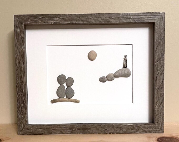 Pebble Art Couple and Lighthouse • 8x10 • Handmade Framed Artwork • One ...