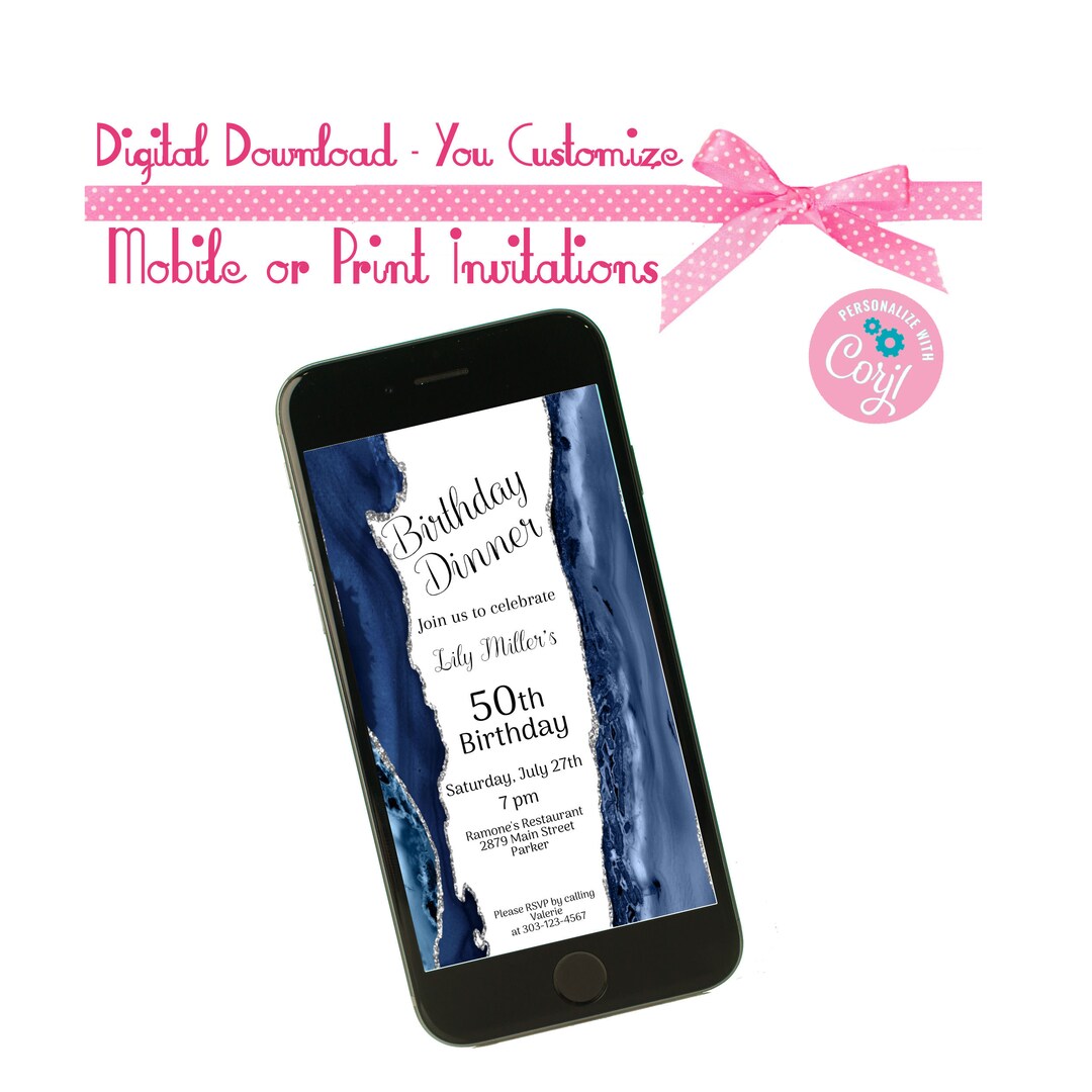 Mobile Birthday Blue & Silver Formal Invitation, Editable - Cellphone ...