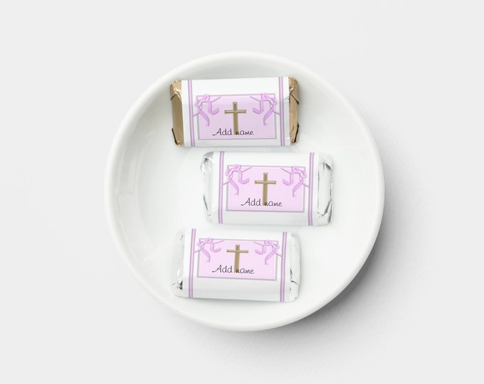 Personalized First Communion Pink Floral Cross Miniature Candy Wrappers ...