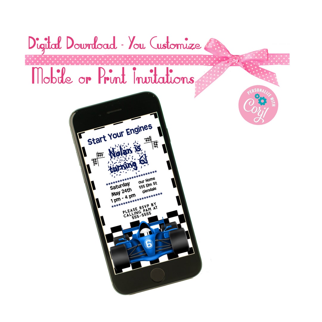 Mobile Birthday Racing Car Invitation, Editable - Cellphone, Smartphone ...