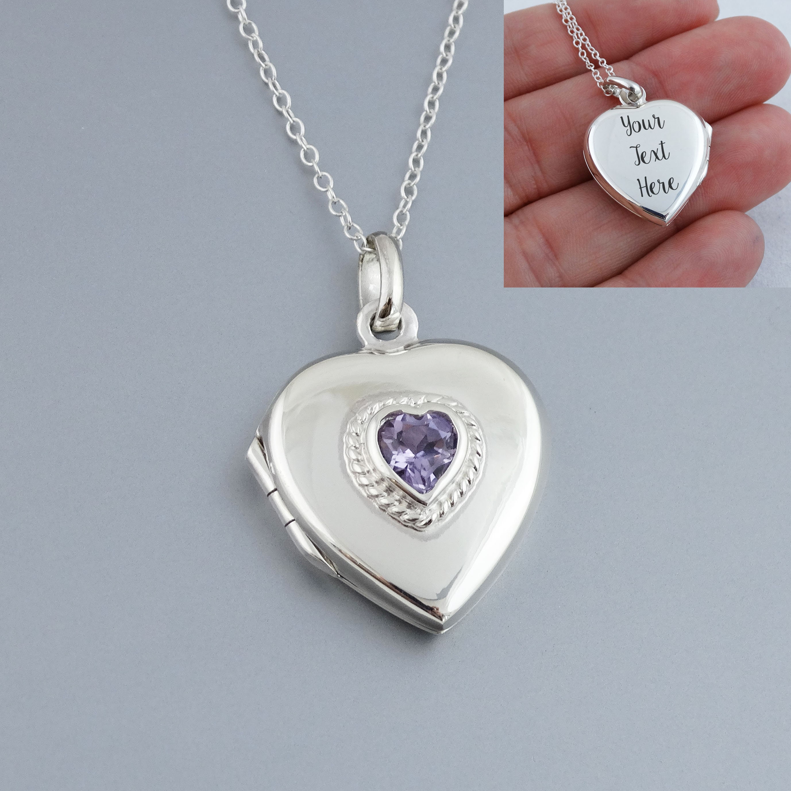 Personalized Sterling Silver Heart Locket Necklace: Purple Glass, Laser ...