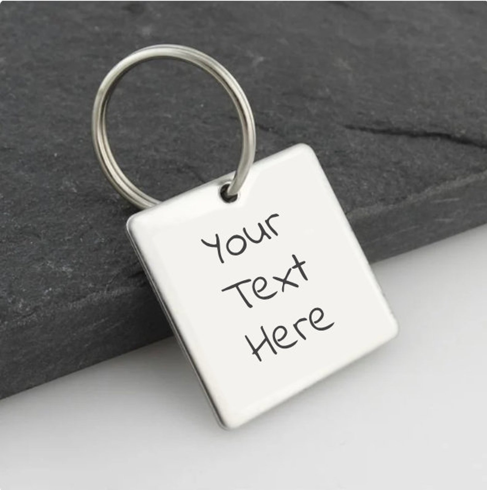 Custom Engraved Text Key Chain - 25mm Square Stainless Steel Tag With ...
