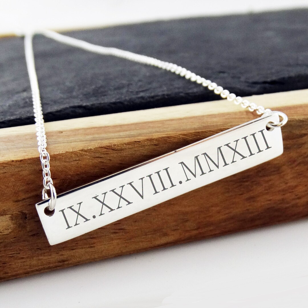 Custom Sterling Silver Roman Numerals Bar Necklace - 40mm X 7mm ...