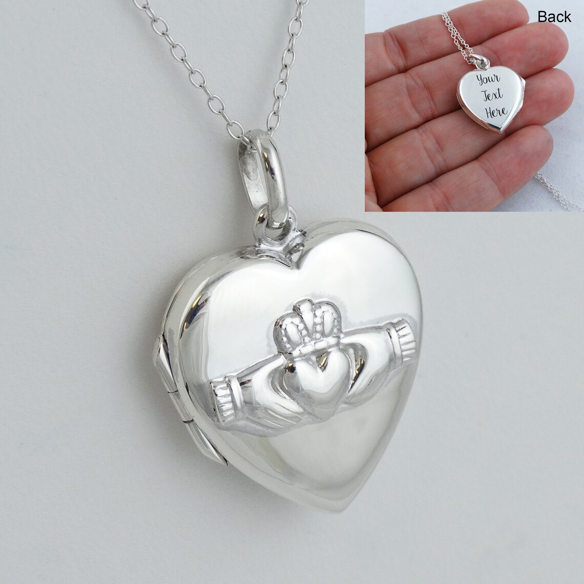 Engraved Claddagh Heart Locket Necklace 925 Sterling Silver | Etsy