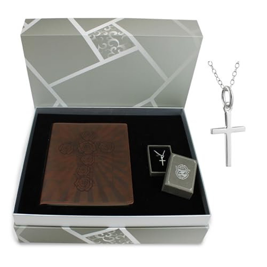 Rose Cross Gift Box Set - Engraved Leather Journal & Sterling Silver ...