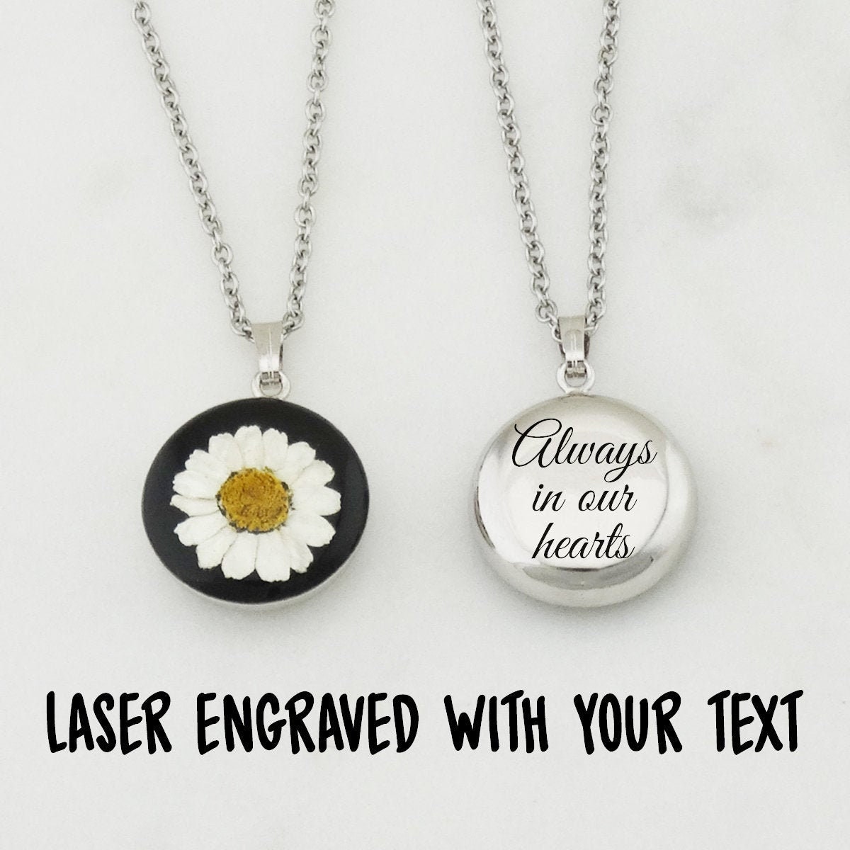 Personalized Real Daisy Flower Necklace - Stainless Steel - Engraved ...