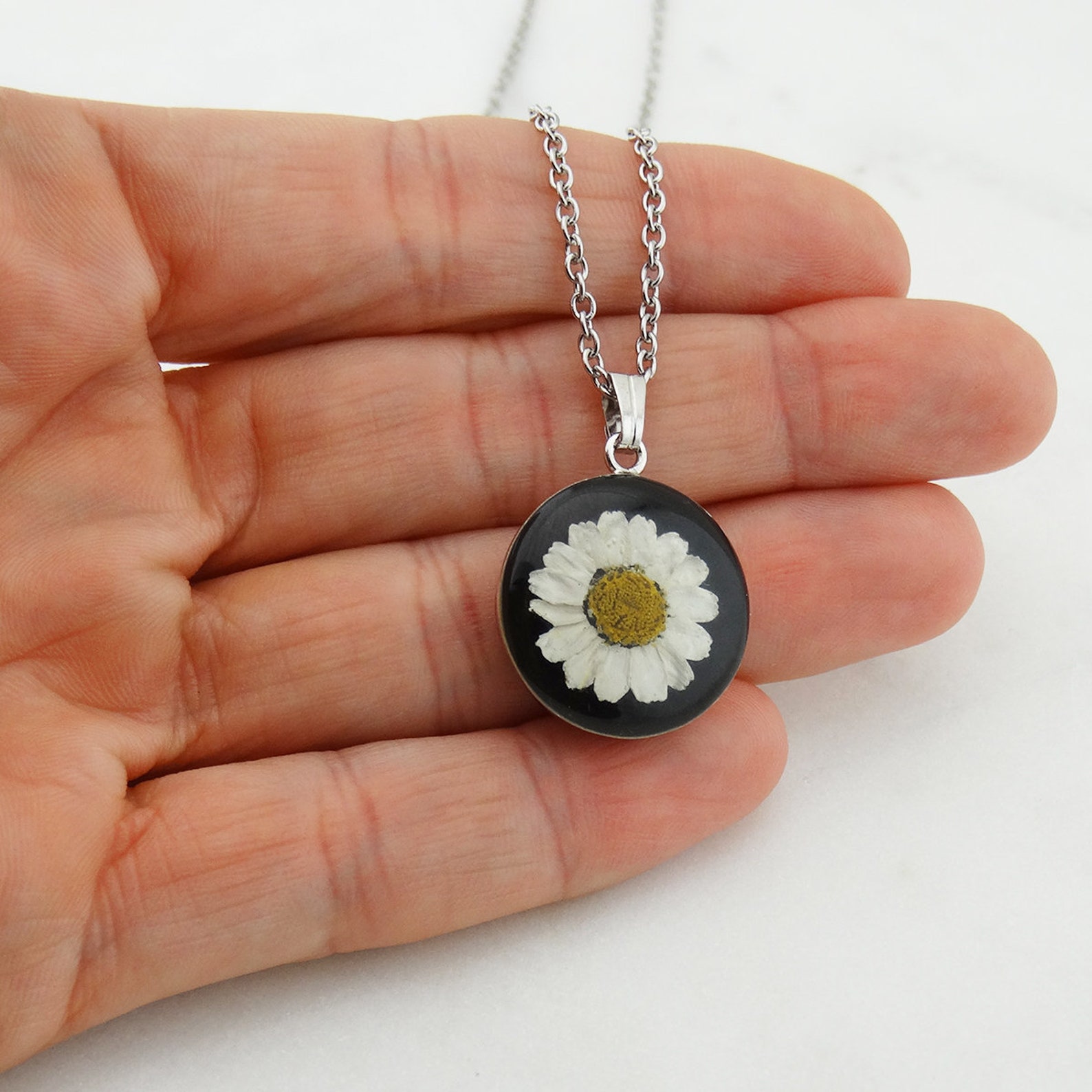 Personalized Real Daisy Flower Necklace - Stainless Steel - Engraved ...
