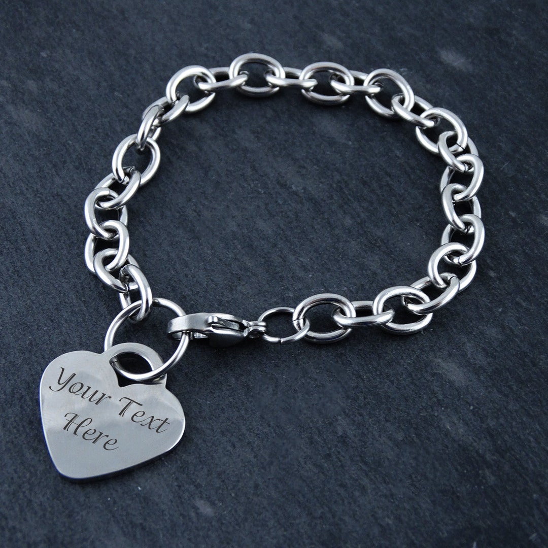 Custom Engraved Heart Charm Bracelet - Stainless Steel, Adjustable up ...