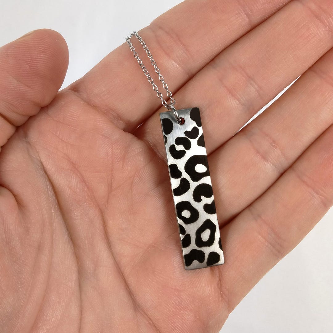 Leopard Print Engraved Vertical Stainless Steel Bar Necklace, With 18 ...
