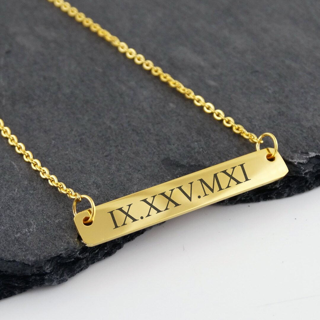 Custom Gold Plated Roman Numerals Bar Necklace - 32mm X 5mm ...