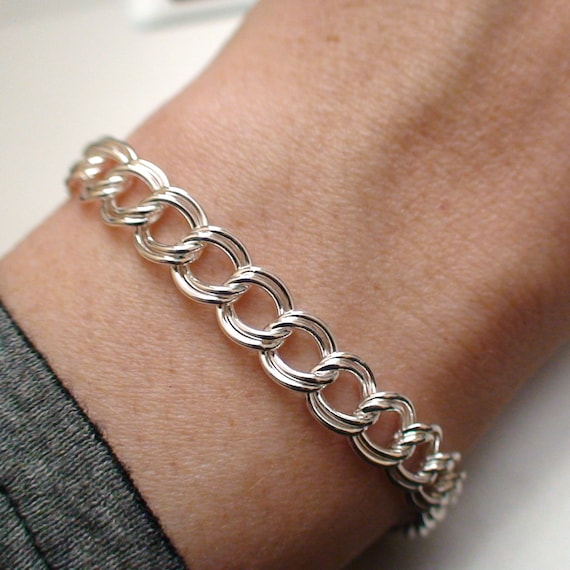 Sterling Silver Large Double Link Charm Bracelet 6.9mm Wide Sizes 7 8 With Lobster Claw Clasp Etsy