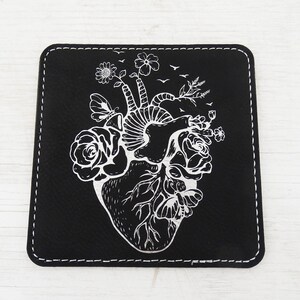 Set of 4 Anatomical Heart Faux Leather Coasters - Engraved Silver on ...