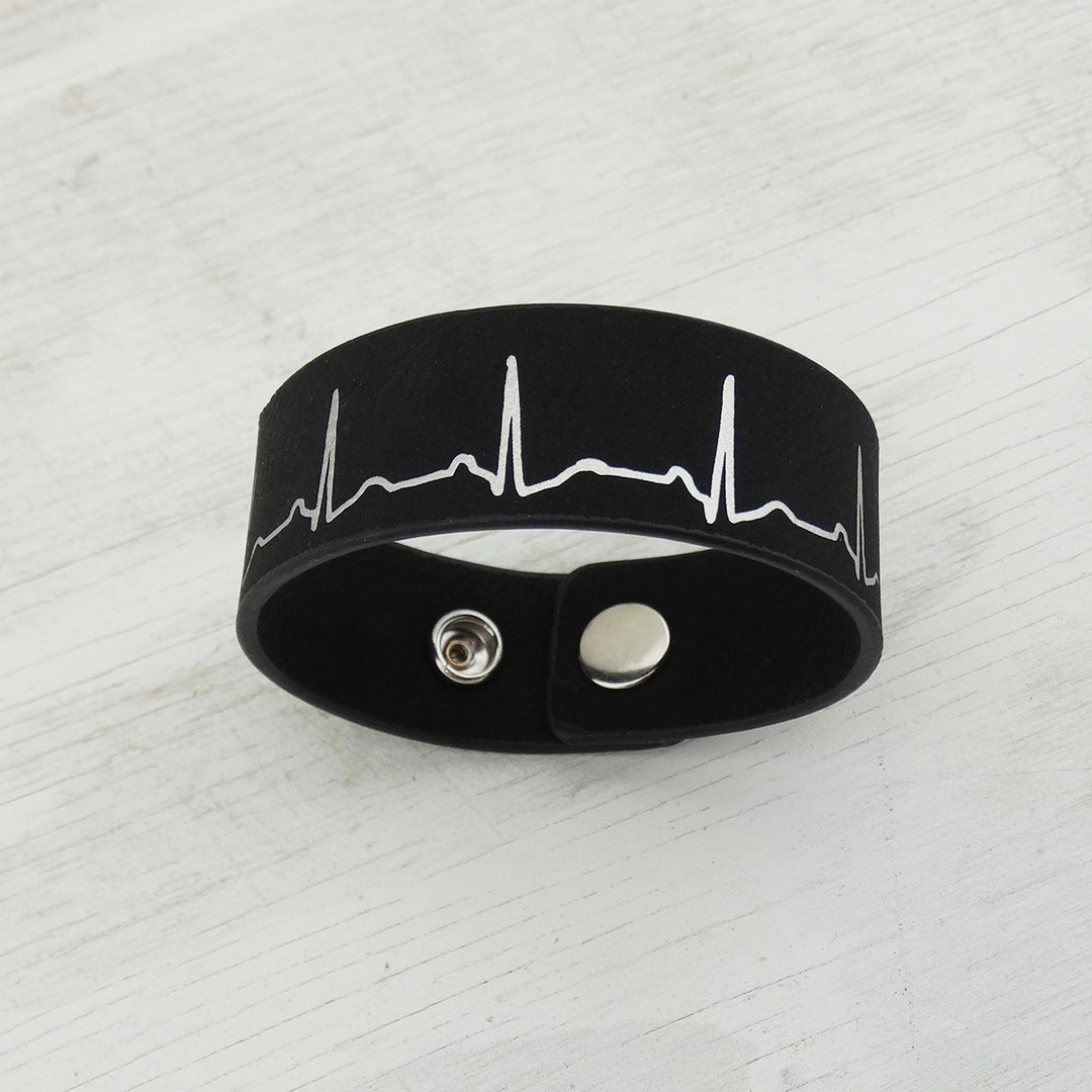 Custom Engraved EKG ECG Bracelet - 9.5" X 1" Adjustable Black Faux ...