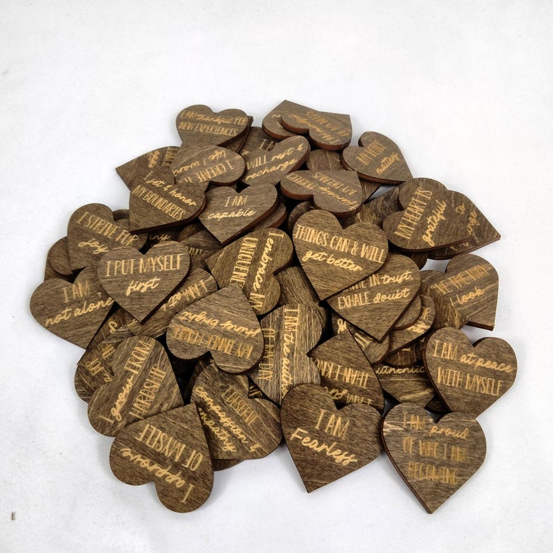 Positive Affirmation Cutouts - 72 Laser Engraved Wood Hearts With ...