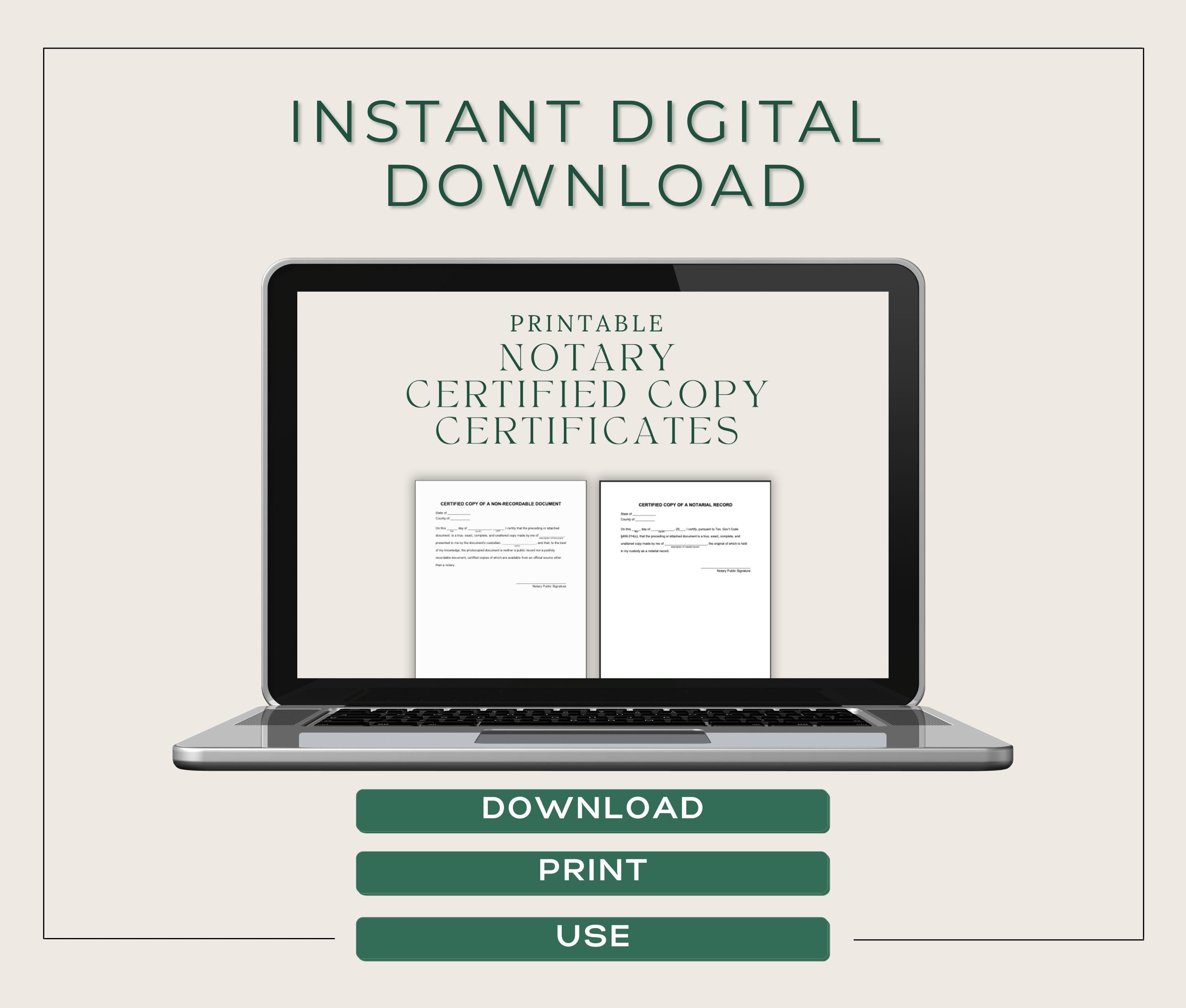 2 Printable Notary Certified Copy Certificates - Notarial Certificates ...