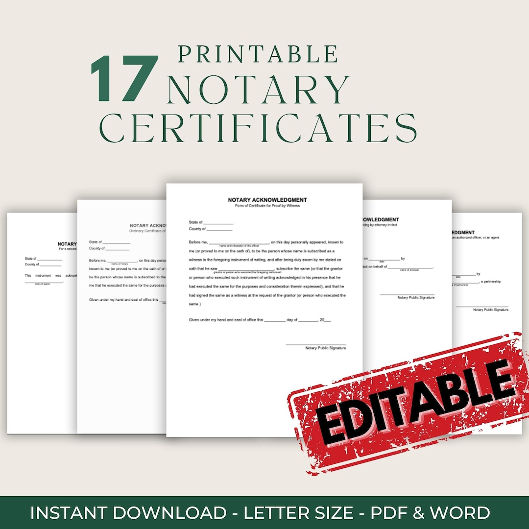 17 EDITABLE Notary Certificates - Acknowledgements - Jurat - Oath ...