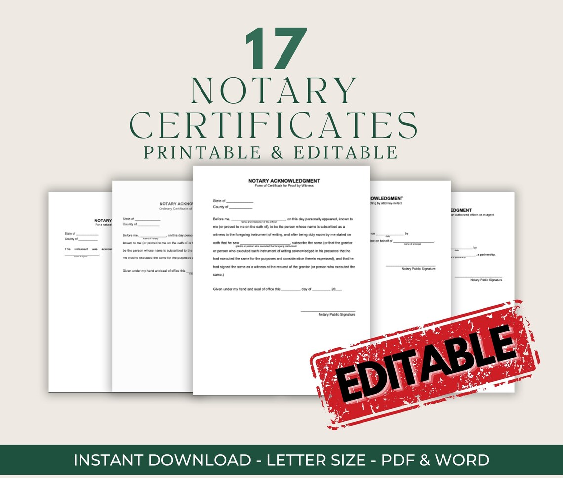 17 EDITABLE Notary Certificates - Acknowledgements - Jurat - Oath ...