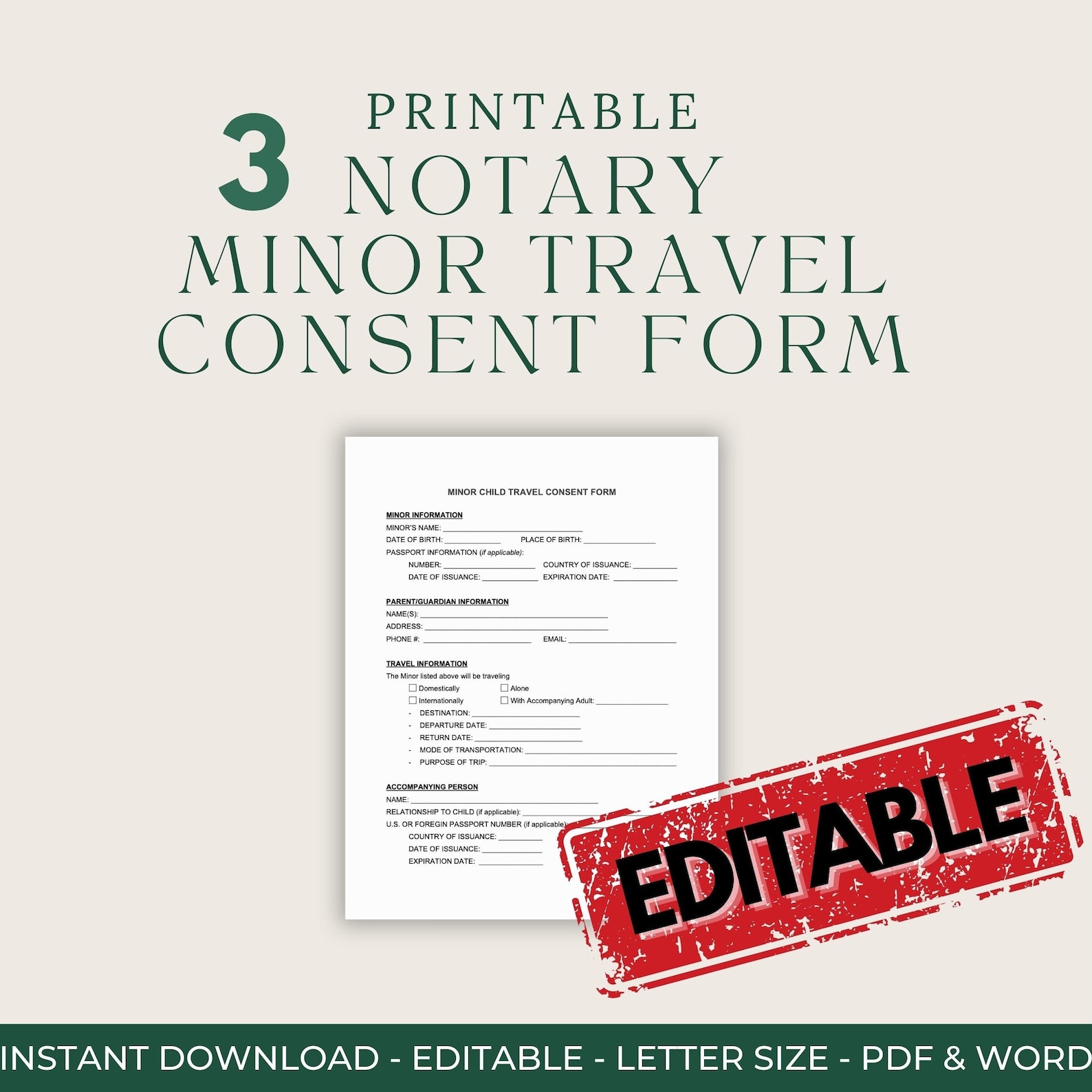3 Printable Minor Travel Consent Forms - Editable Word Doc - Printable ...