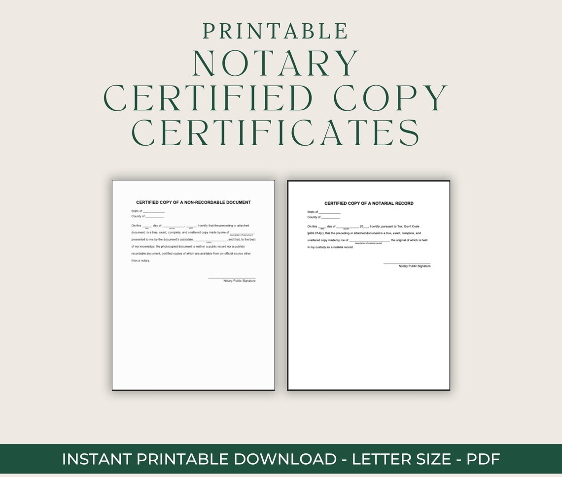 2 Printable Notary Certified Copy Certificates - Notarial Certificates ...