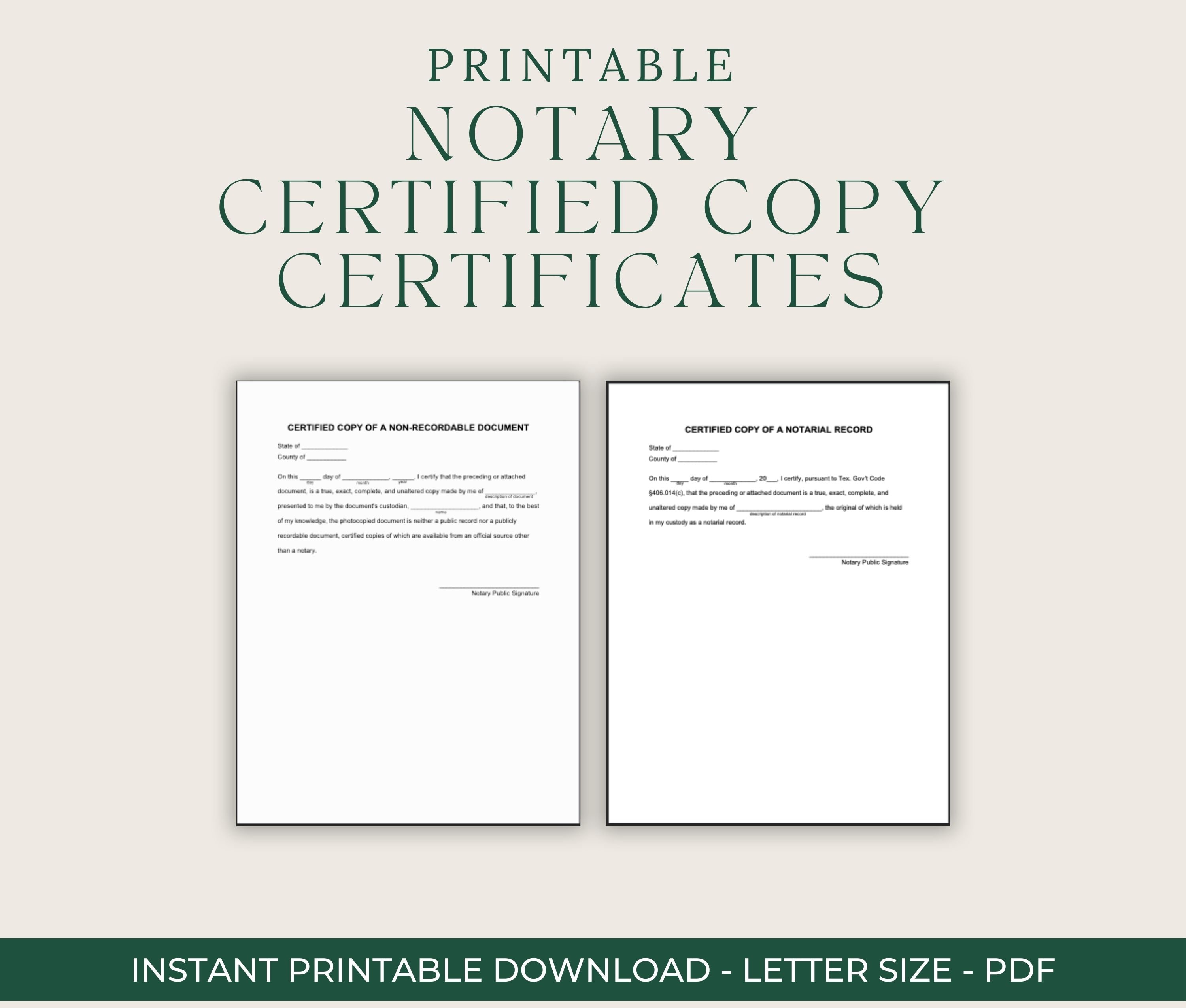 2 Printable Notary Certified Copy Certificates - Notarial Certificates ...