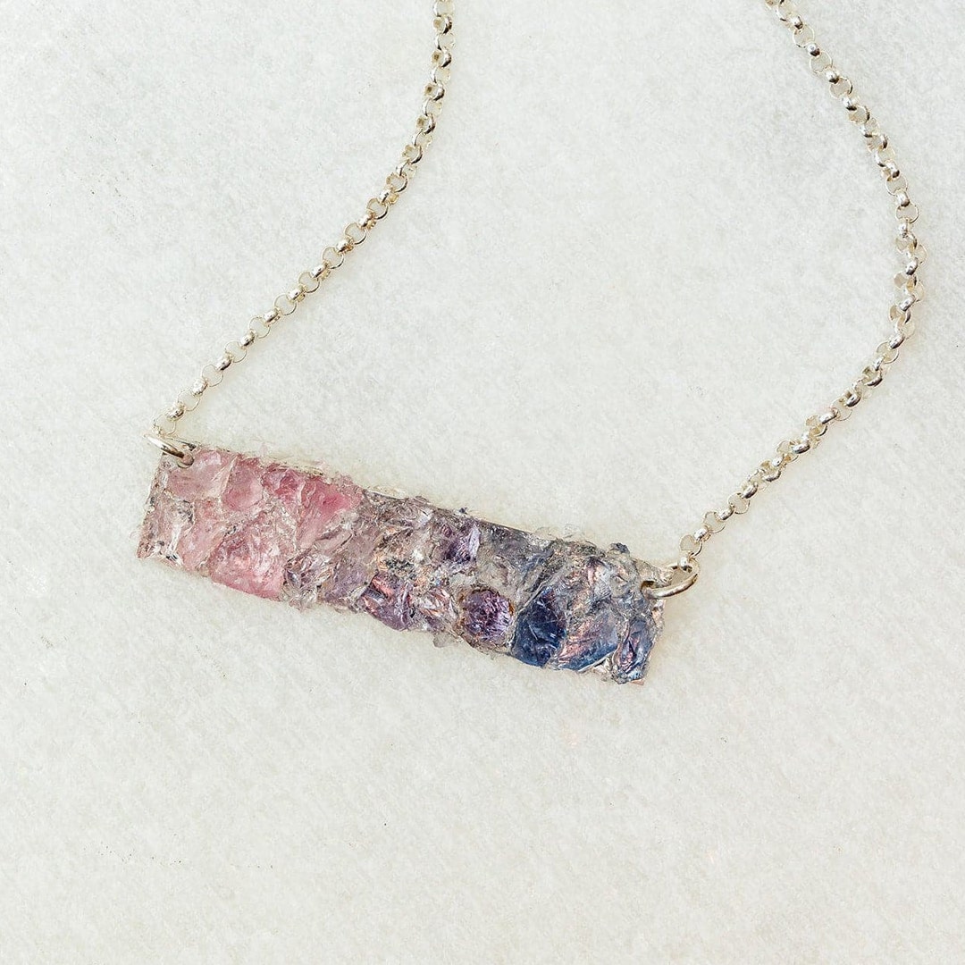 Pink Spinel, Scapolite and Iolite Gemstone Bar Necklace, Raw Stone ...