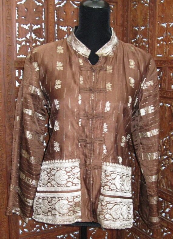 1970s Guru silk Nehru style crop jacket, paisley & fl… - Gem