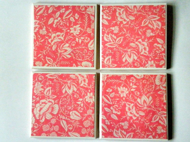 PINK and WHITE FLORAL Print Ceramic Tile Coasters Set of 4 - Etsy