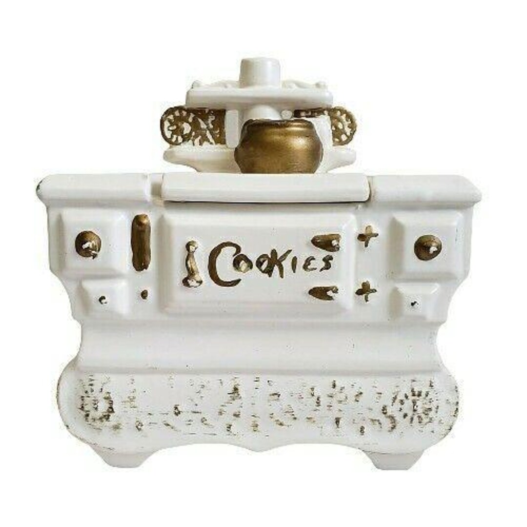 Vintage Mccoy Cast Iron Stove Cookie Jar White Gold Pottery 9.5 in Made ...