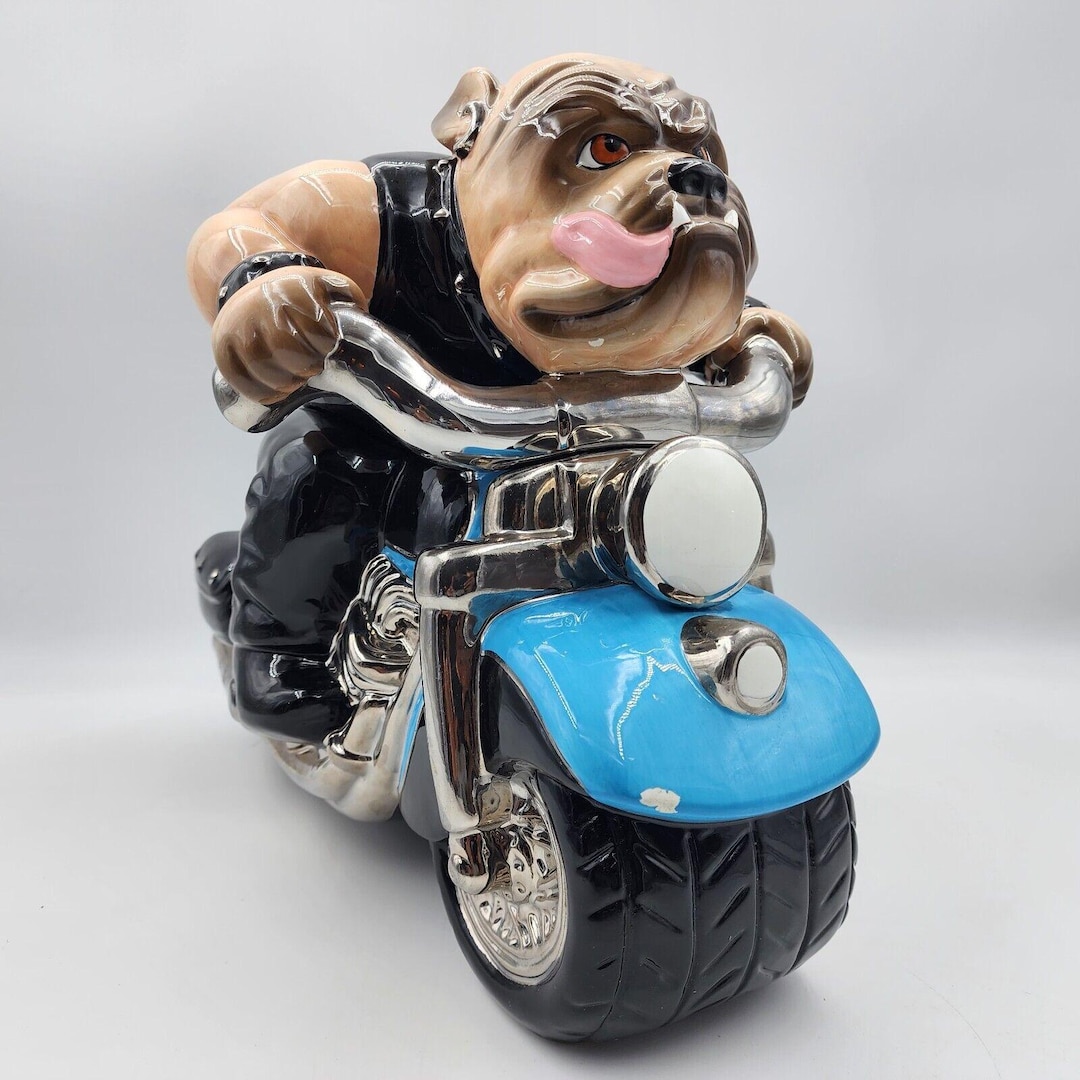 Vintage Clay Art Ruff Rider Cookie Jar Bulldog Motorcycle Bike Hand ...