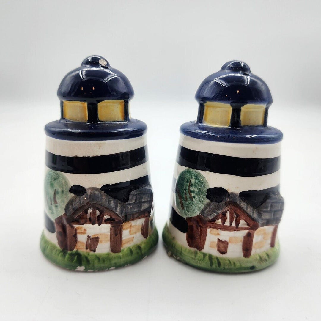 Alco Industries Lighthouse Salt & Pepper Shakers Set Ceramic Blue White ...