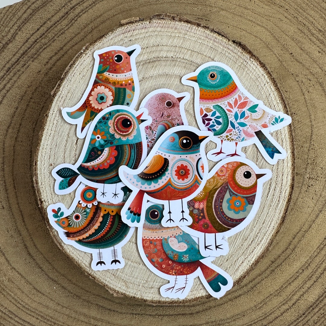 Folk Art Bird Sticker Pack 8 Stickers - Etsy
